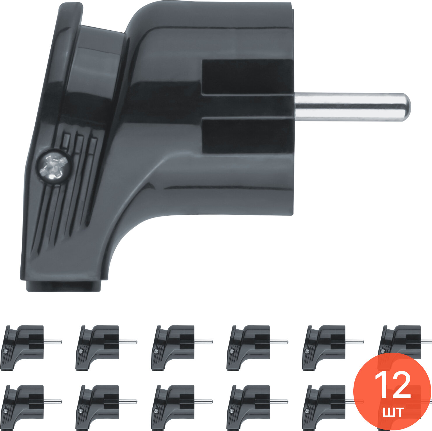 Вилка электрическая Navigator / Навигатор NCA-PL04-16A-E-BL угловая с заземляющими контактами из АБС-пластика, черная, степень защиты IP20, 250В, 16А / электрика (комплект из 12 шт)