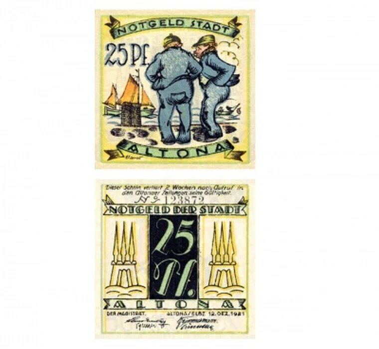Нотгельд 25 пфеннигов 1921 Германия, Альтона, вид 1, сувенирная копия, банкноты и купюры редкие коллекционные
