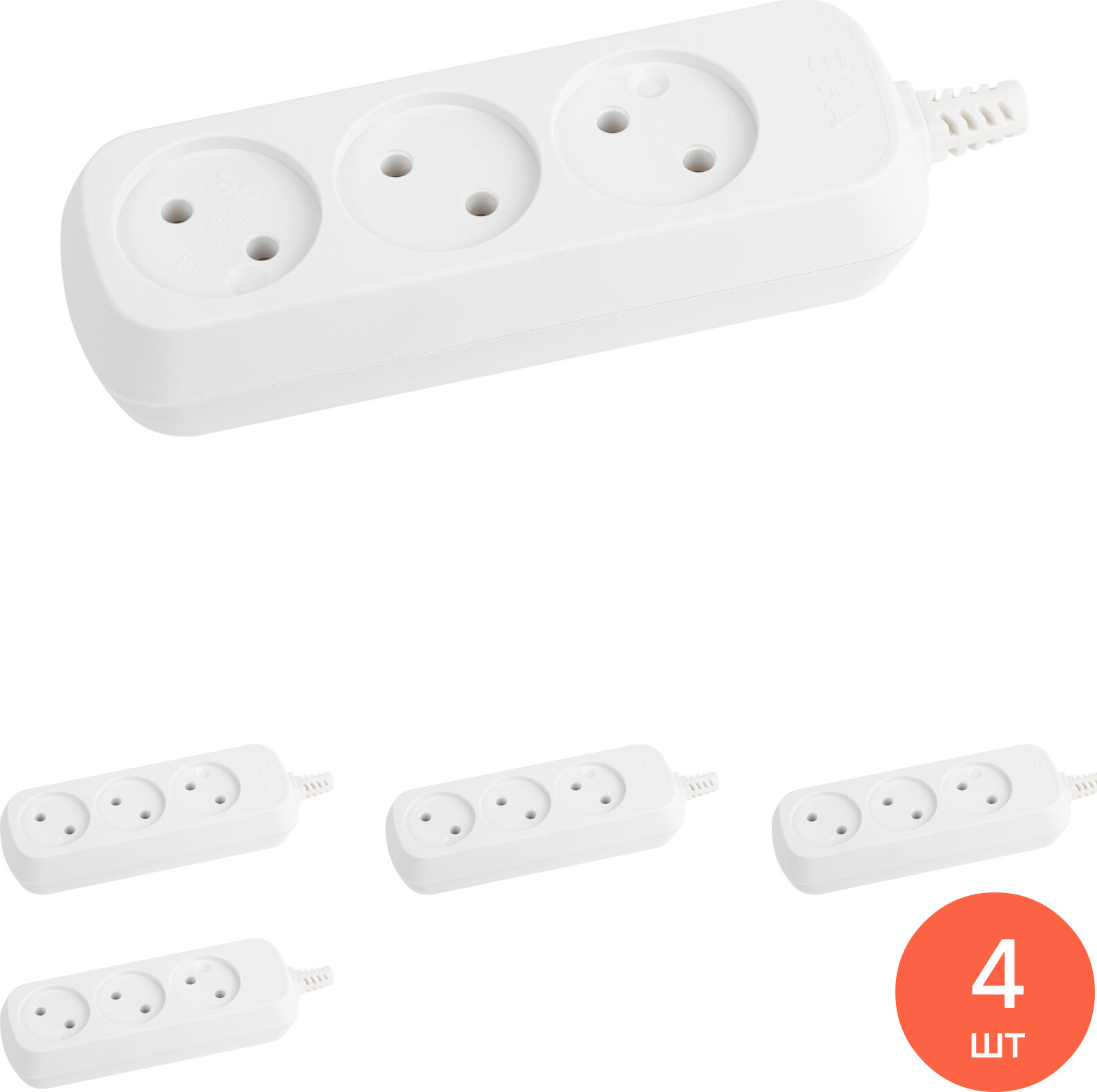 Блок розеток ЭРА KX-3, 3 гнезда 10А 2200Вт IP20 без заземляющих контактов, белый Б0028331 / колодка электрическая для удлинителя (комплект из 4 шт)