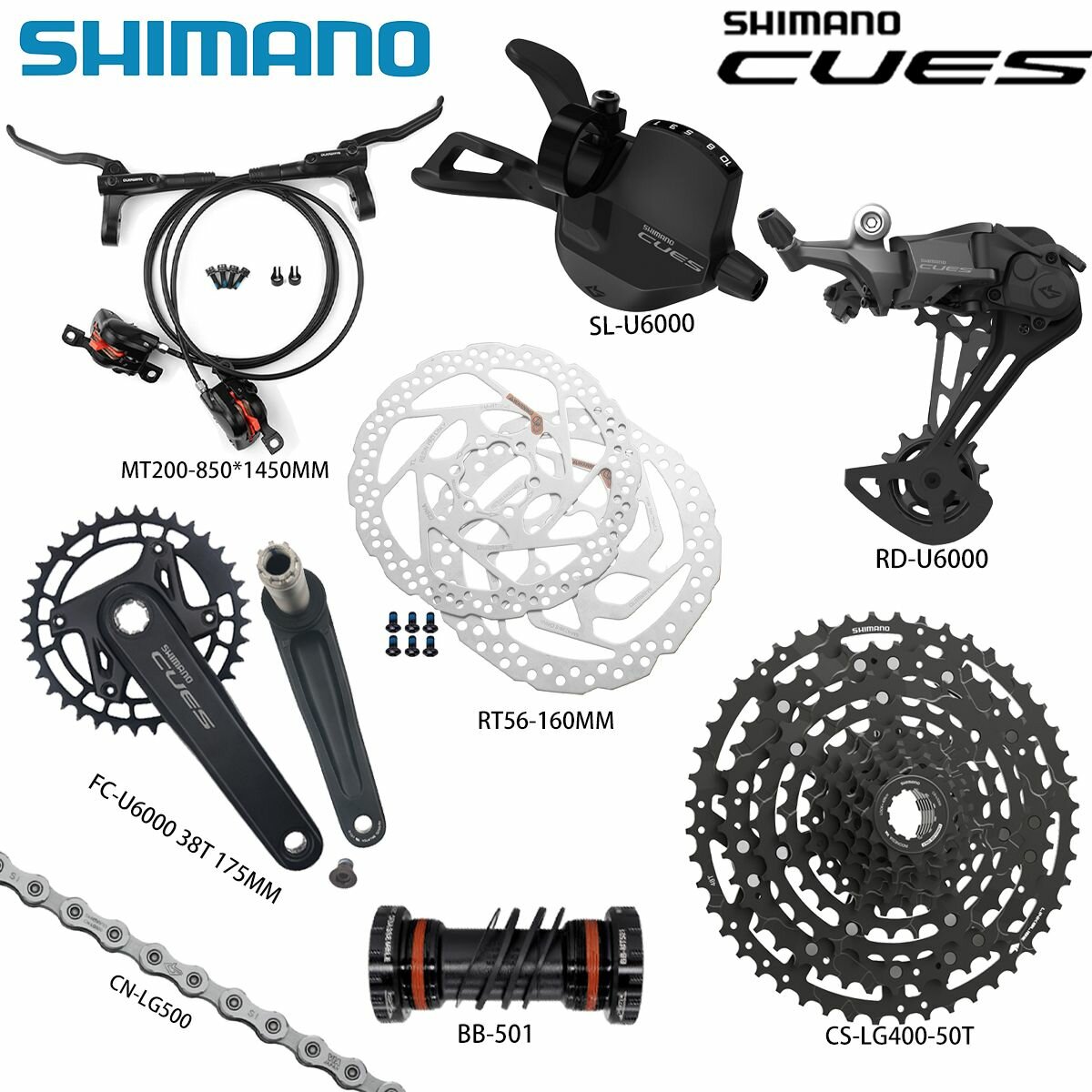 Комплект трансмиссии для горного велосипеда Shimano CUES U6000, скорость 1X11 SL+RD, маховик, цепь, шатун (38T/175MM), + каретка MT501, MT200 (850/1450), RT56 (два ротора 160 мм) (набор из 8 шт.)
