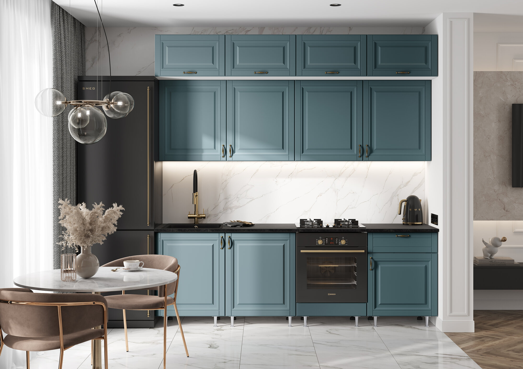 Кухонный гарнитур 2,4м Престиж браш блю/белый со столешницей миф