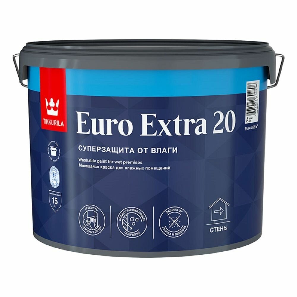 Краска для влажных помещений Tikkurila / Tikkivala Euro Extra 20 (9л)
