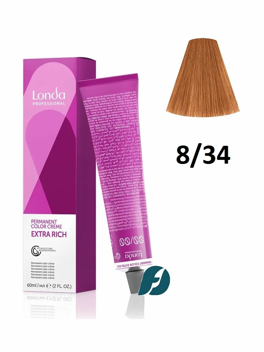 Londa Professional Permanent Color 8/34 Стойкая крем-краска для волос - Светлый блонд золотисто-медный, 60 мл