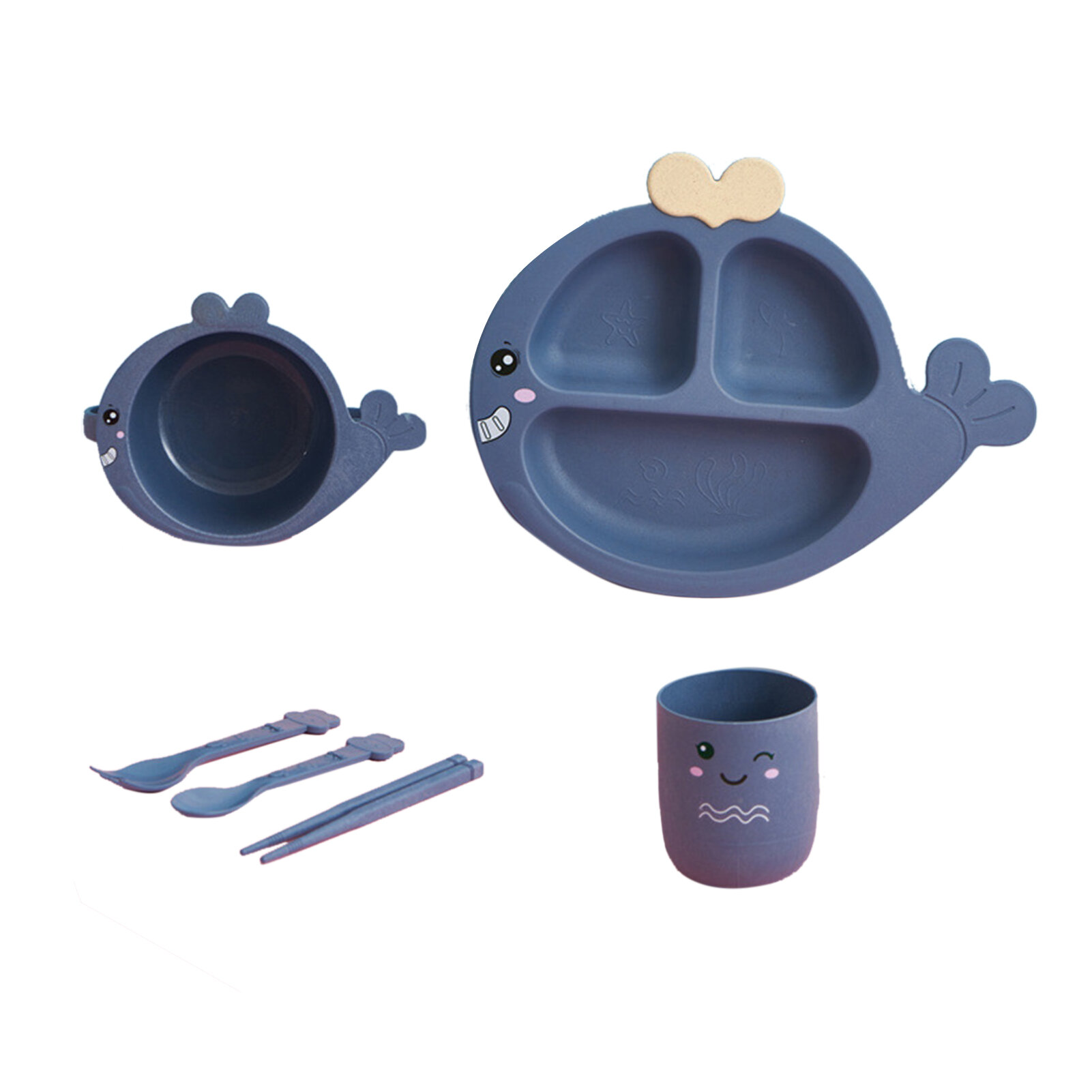Детский набор столовых приборов и тарелок с милым мультяшным рисунком, ударопрочный, легко моется, детский набор посуды для малышей, синий кит.