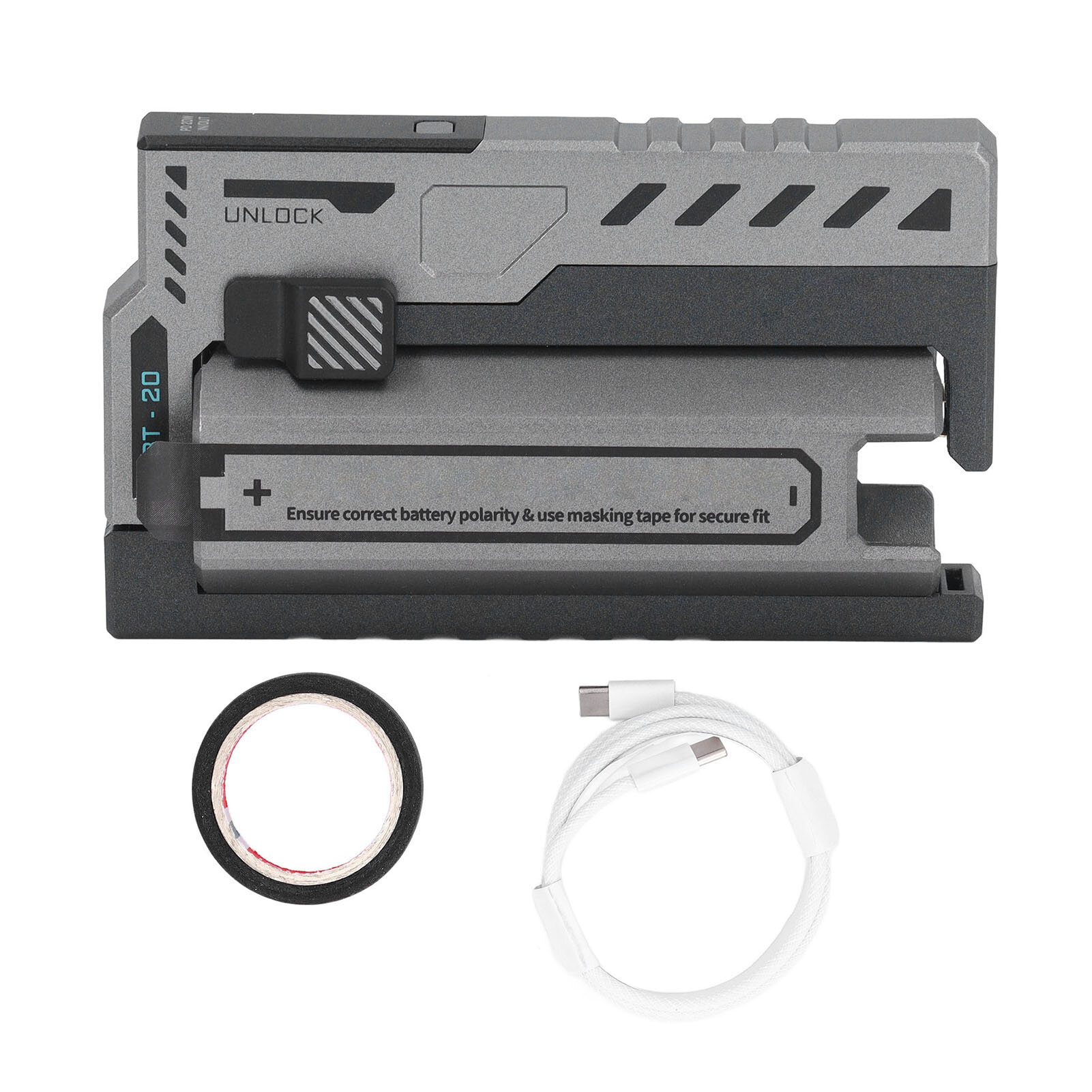 Портативный внешний аккумулятор 2 в 1 со сменными батареями и зарядным устройством для литиевых аккумуляторов 20700 серебристого цвета.