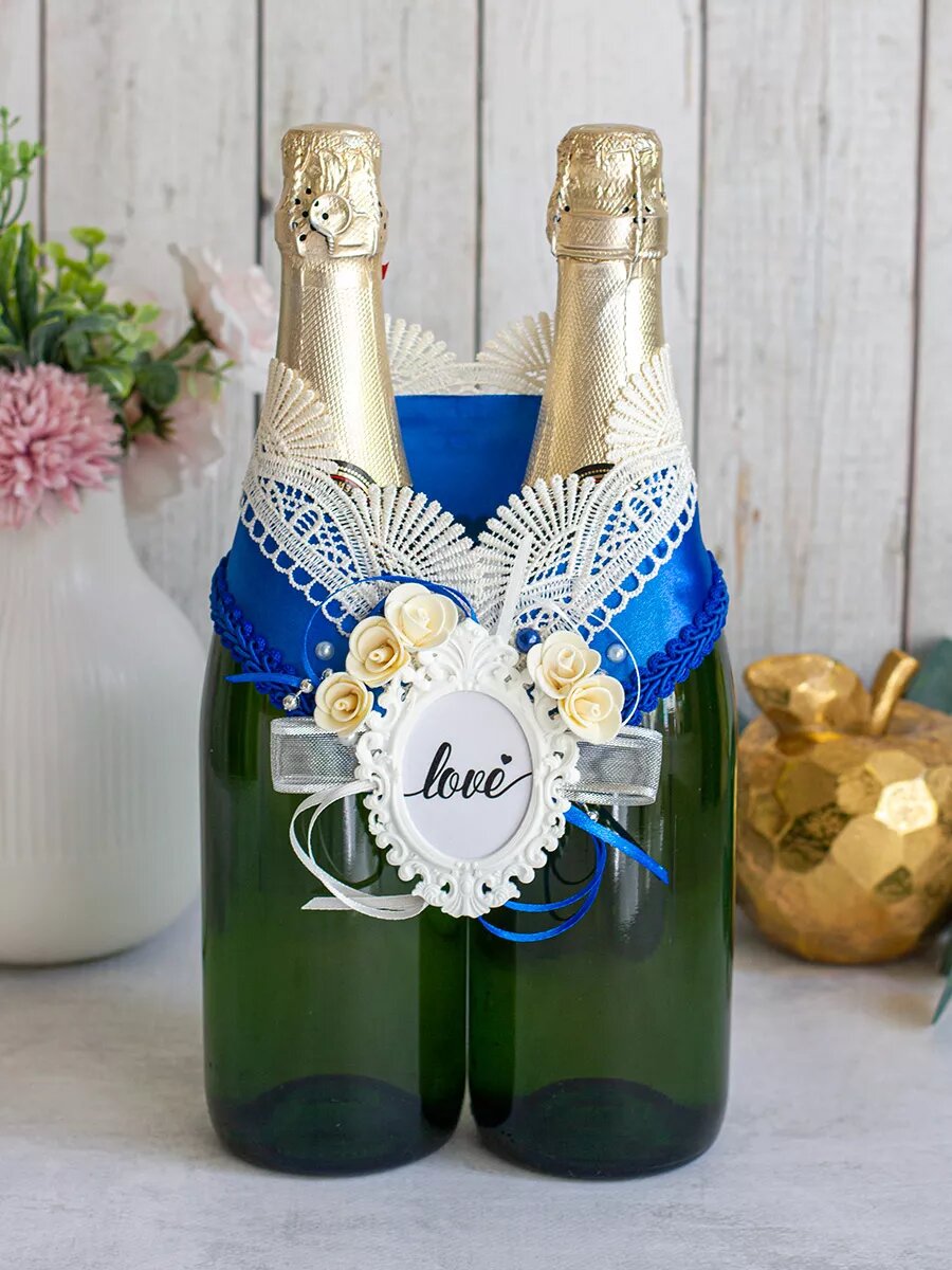 Украшение на бутылки шампанского свадебное молодоженам жениху и невесте, чехол, наряд декор с лентами