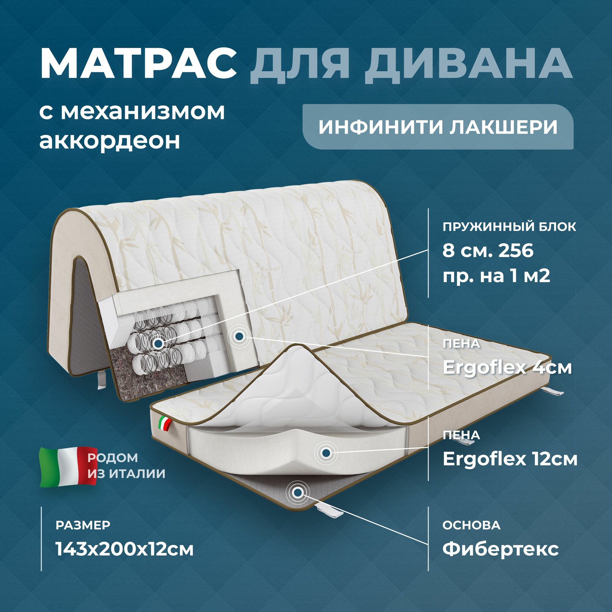 Матрас для дивана аккордеон 143х135х12, 143х65х12 см. (143х200х12), анатомический Инфинити Лакшери комбинированный