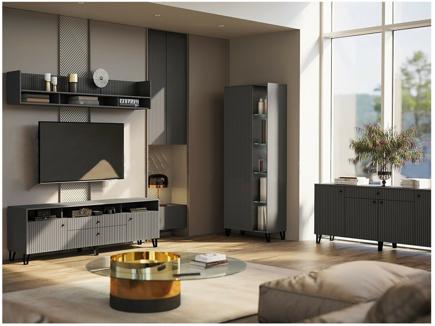 Модульная гостиная, современный стиль, композиция 3 (Графит, Графит глянец)