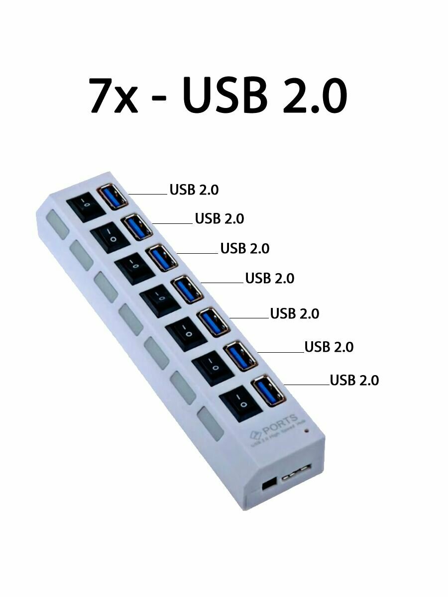 Хаб USB 2.0 белый с кнопками отключения разъемов