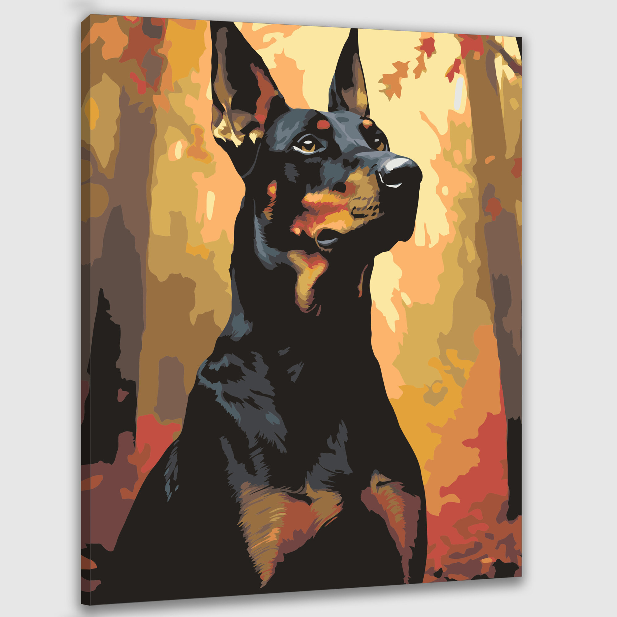 Картина по номерам 40x50 см, цифровое изображение, доберман-пинчер, черная шерсть, контраст с листьями, осенние листья