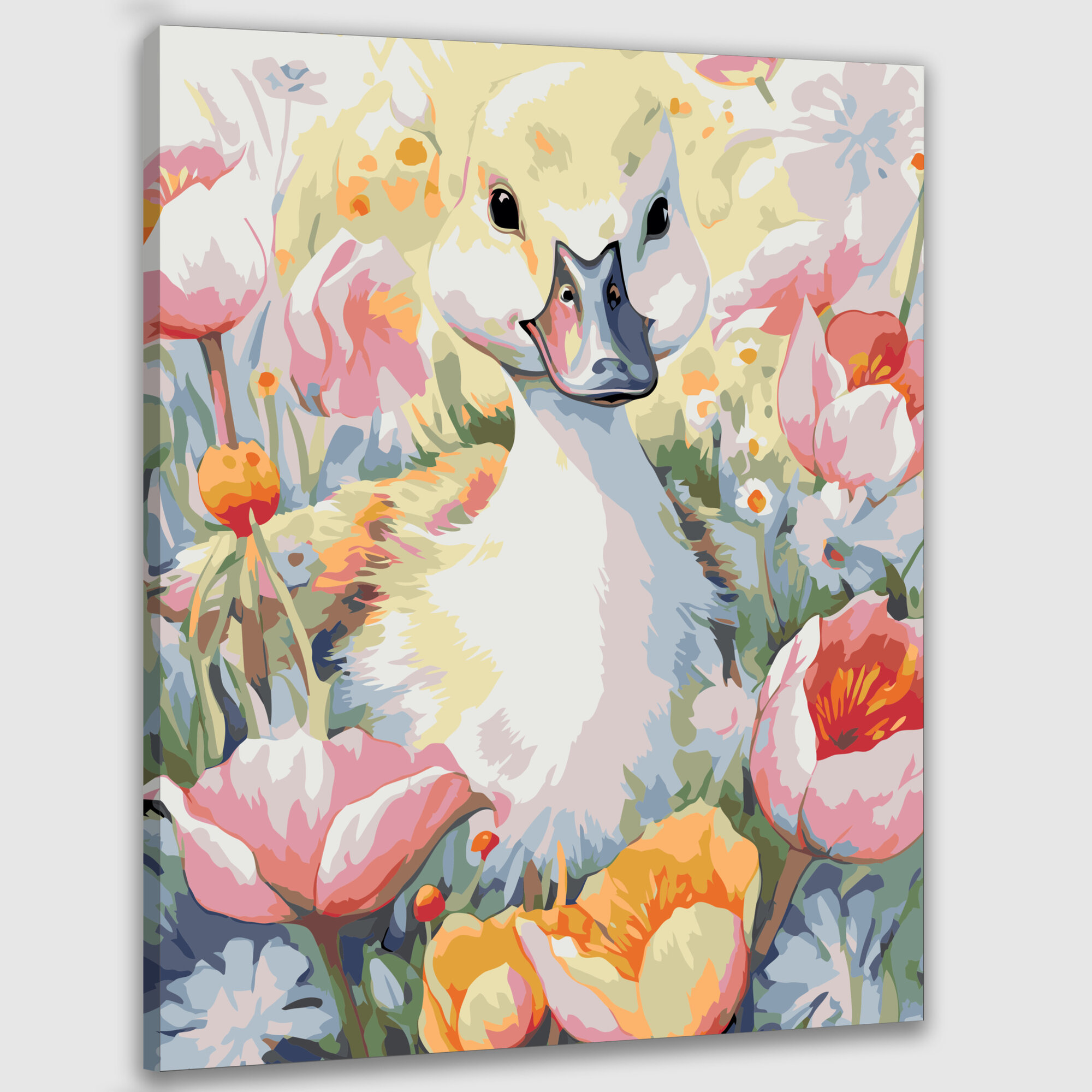 Картина по номерам 40x50 см, гусь, акварель, иллюстрация, тюльпаны, перья, пастельные тона, цветы, радость, весна