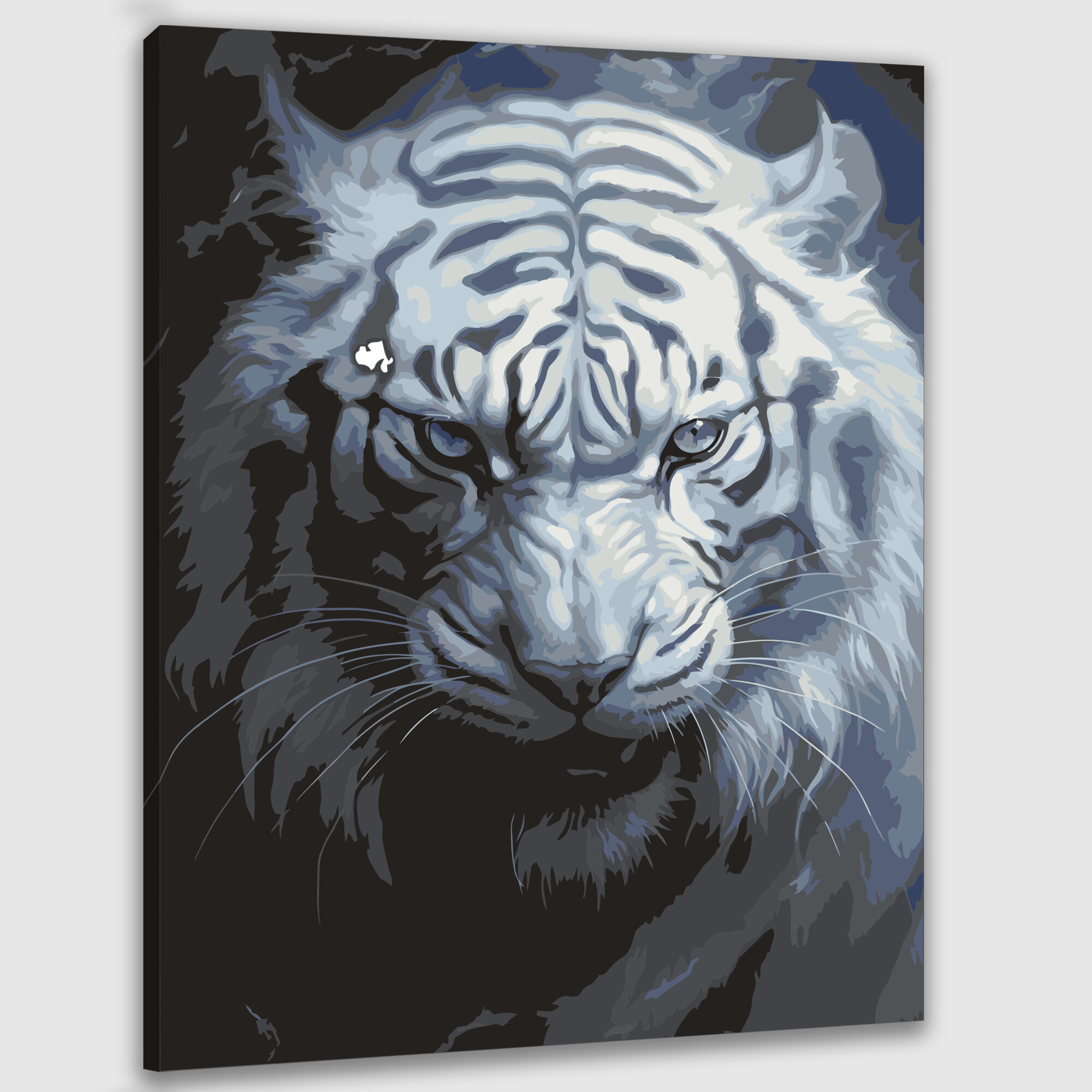 Картина по номерам 40x50 см, картина масло, белый тигр, грозовое небо, голубые глаза, гладкий мех, мощные мускулы