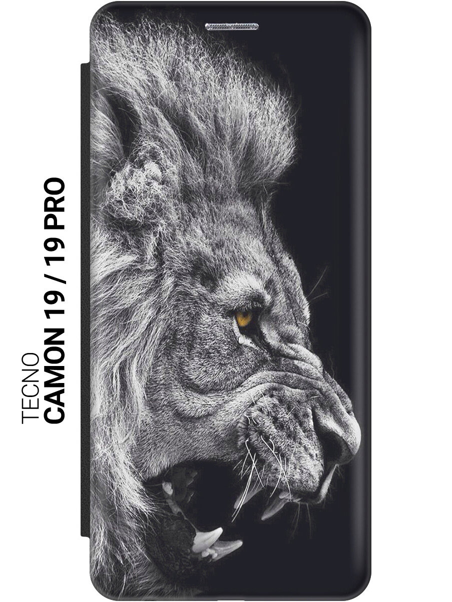 Чехол-книжка на Tecno Camon 19 / 19 Pro / Техно Камон 19 / 19 Про с рисунком "Морда льва" черный