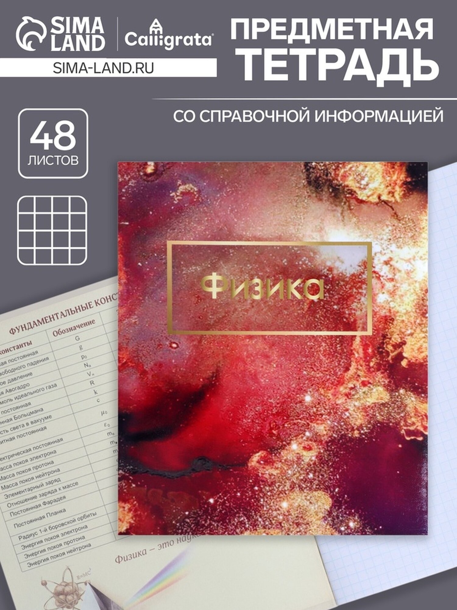 Тетрадь предметная 48 листов в клетку Calligrata, «Мрамор светлый. Физика», обложка мелованный картон