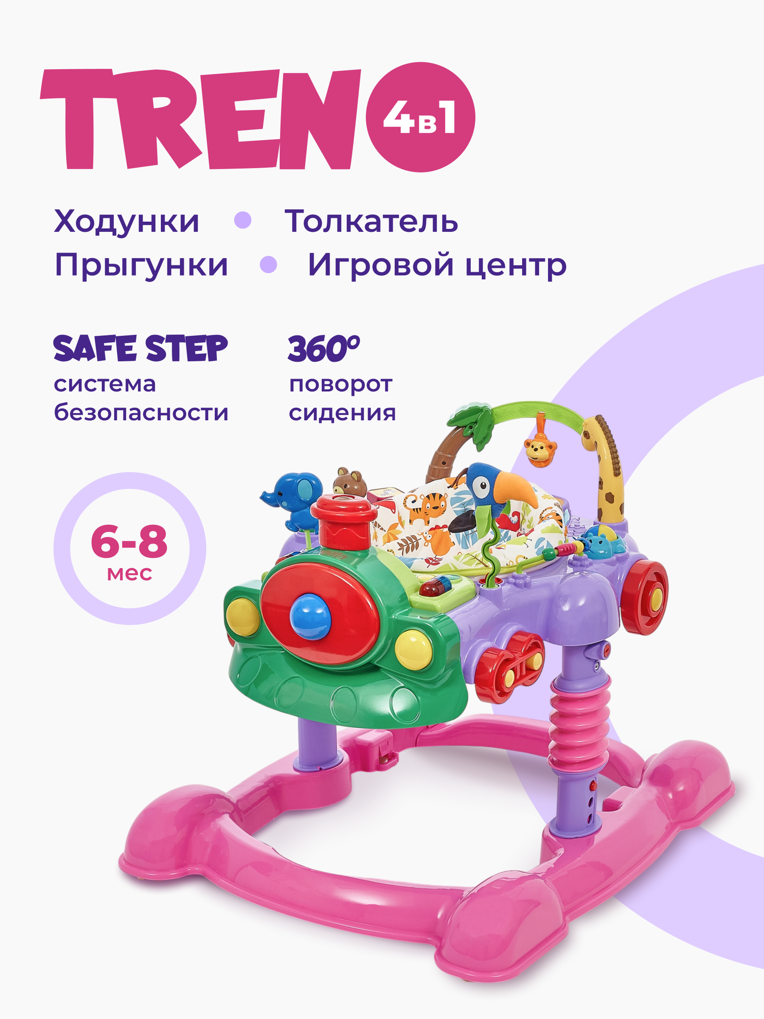 Ходунки-прыгунки Nuovita Treno 4 в 1: ходунки, прыгунки, игровой центр, толкатель (Rosa/Розовый)