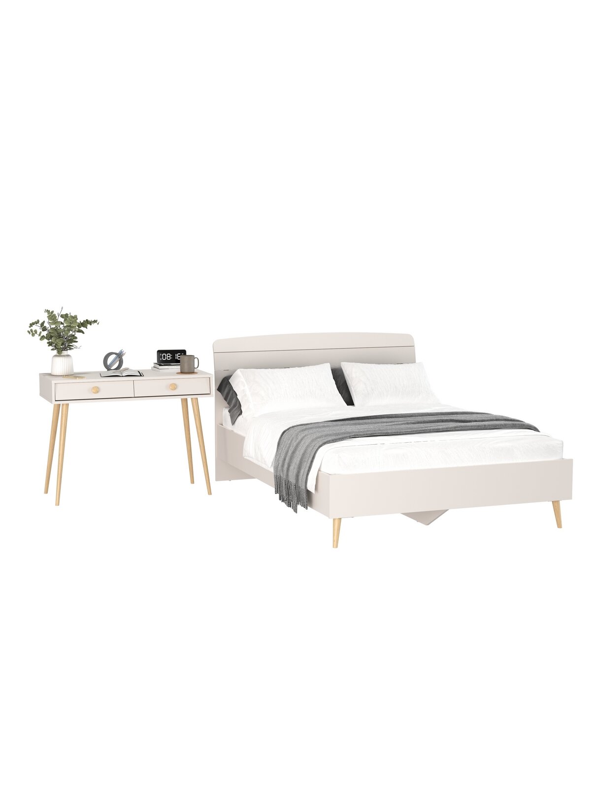 Стол на ножках с ящиками и кровать Афина 1400, кашемир серый, 2 предмета мебели