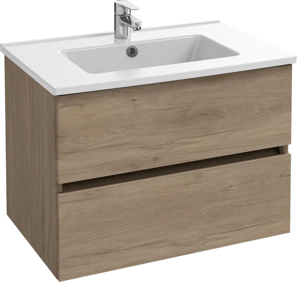 Тумба с раковиной Jacob Delafon Tolbiac 80 подвесная, 81 см, светлое дерево, матовая, из МДФ, с ящиками, раковина для ванной, фарфоровая, прямоугольная, встроенный слив-перелив, лофт