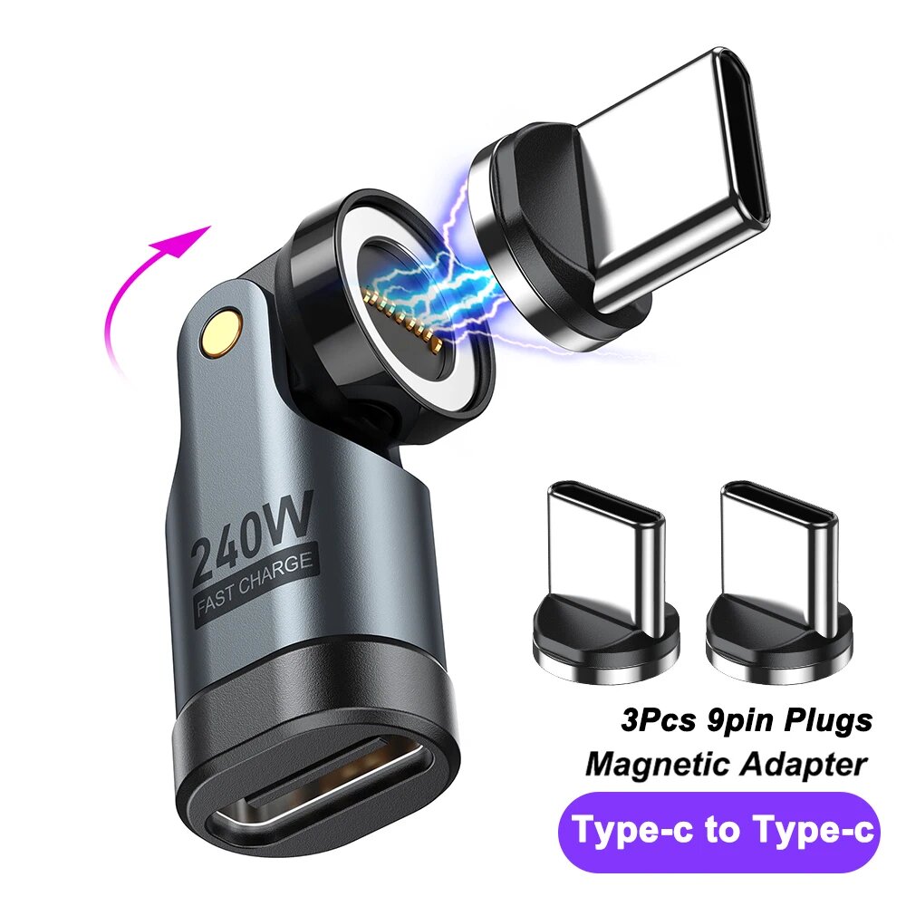 AUFU 3 шт. 9-контактный магнитный адаптер типа C 240 Вт для быстрой зарядки USB C к адаптеру типа C OTG разъем для ноутбука Samsung Xiaomi Lenovo, 3Pcs Type-c Black