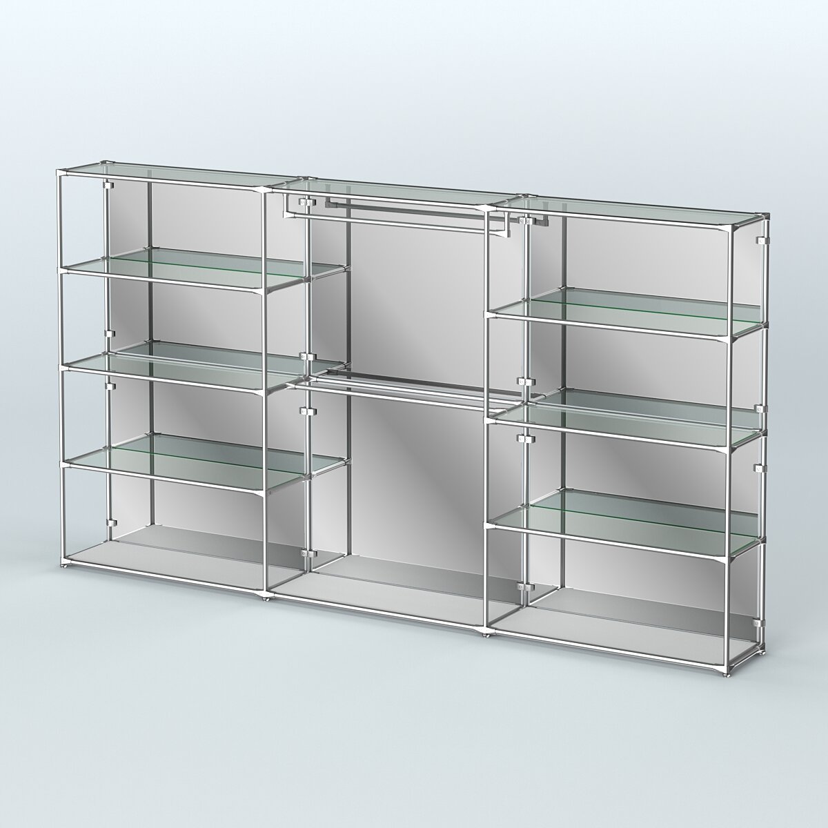 Торговая система хром (задняя стенка - зеркало) 3600 мм с прозрачными полками и поручнями №1, Серый