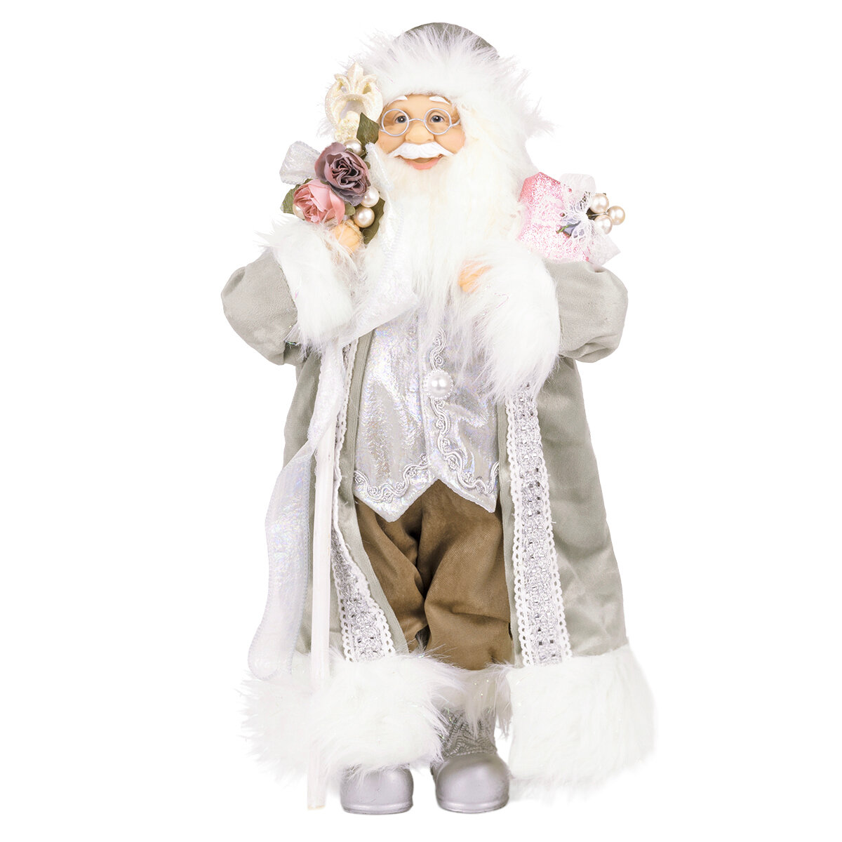 Дед Мороз в длинной серой шубе с подарком и посохом 60cм Maxitoys