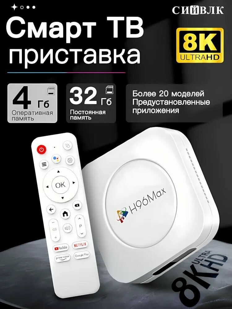 Приставка смарт тв wi fi M1 PLUS,4K UHD 4/32Гб с Wi-Fi и Ethernet