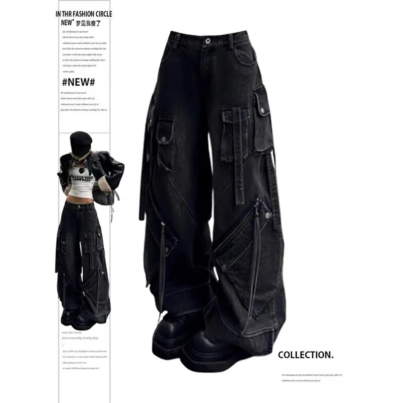 Женские джинсы Чистый цвет Черные готические грузовые 90-х 2000-х эмо свободное Харадзуку