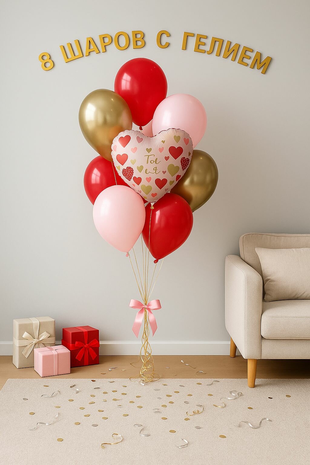 Фольгированные воздушные шары сердца, надутые в фонтан из латексных гелиевых шаров "Ты в моем сердце", 8 шт