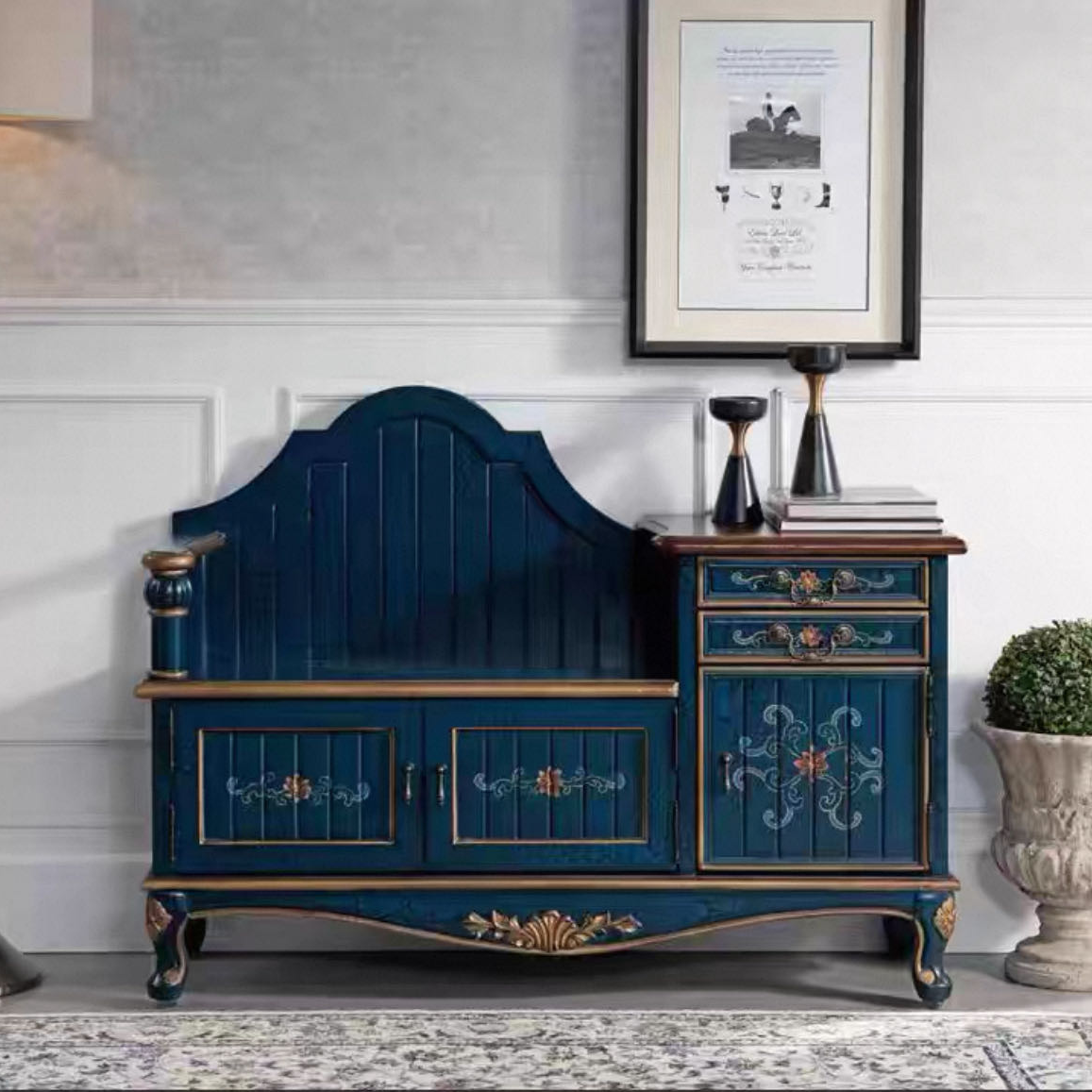 Интерьерная банкетка с тумбой для обуви в американском ретро стиле Kreuz (синий / тумба слева)