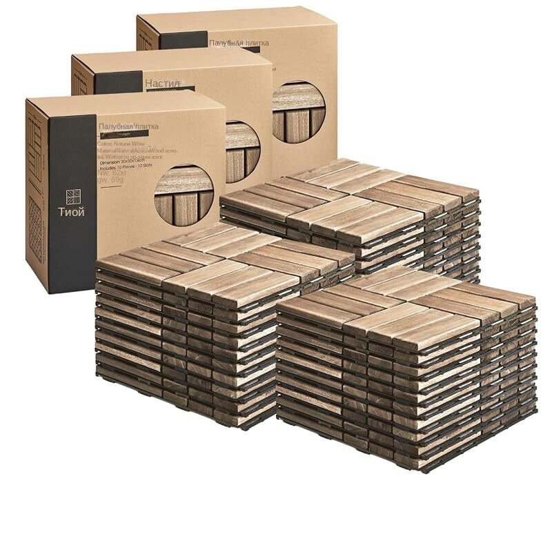 Плитка для террасы, напольное покрытие патио - водонепроницаемые плитки из акации использования в любую погоду - балкон, задний двор, внутри и снаружи (золотой тиковый перекрестный узор, 35 шт. - 30 квадратных футов)