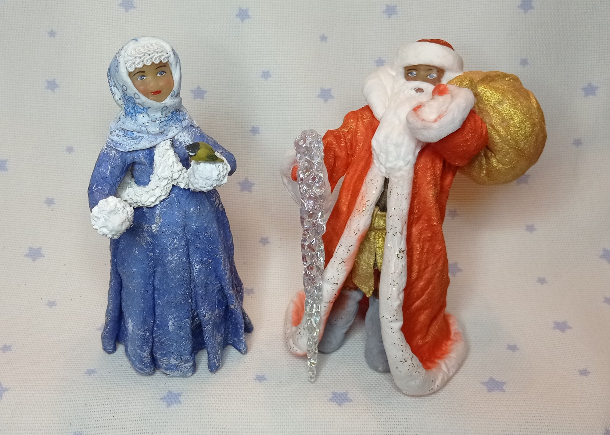 Новогодние фигурки "Дед Мороз и Снегурочка" TATYANA HANDMADE, ручная работа, акрил, вата, 15 см