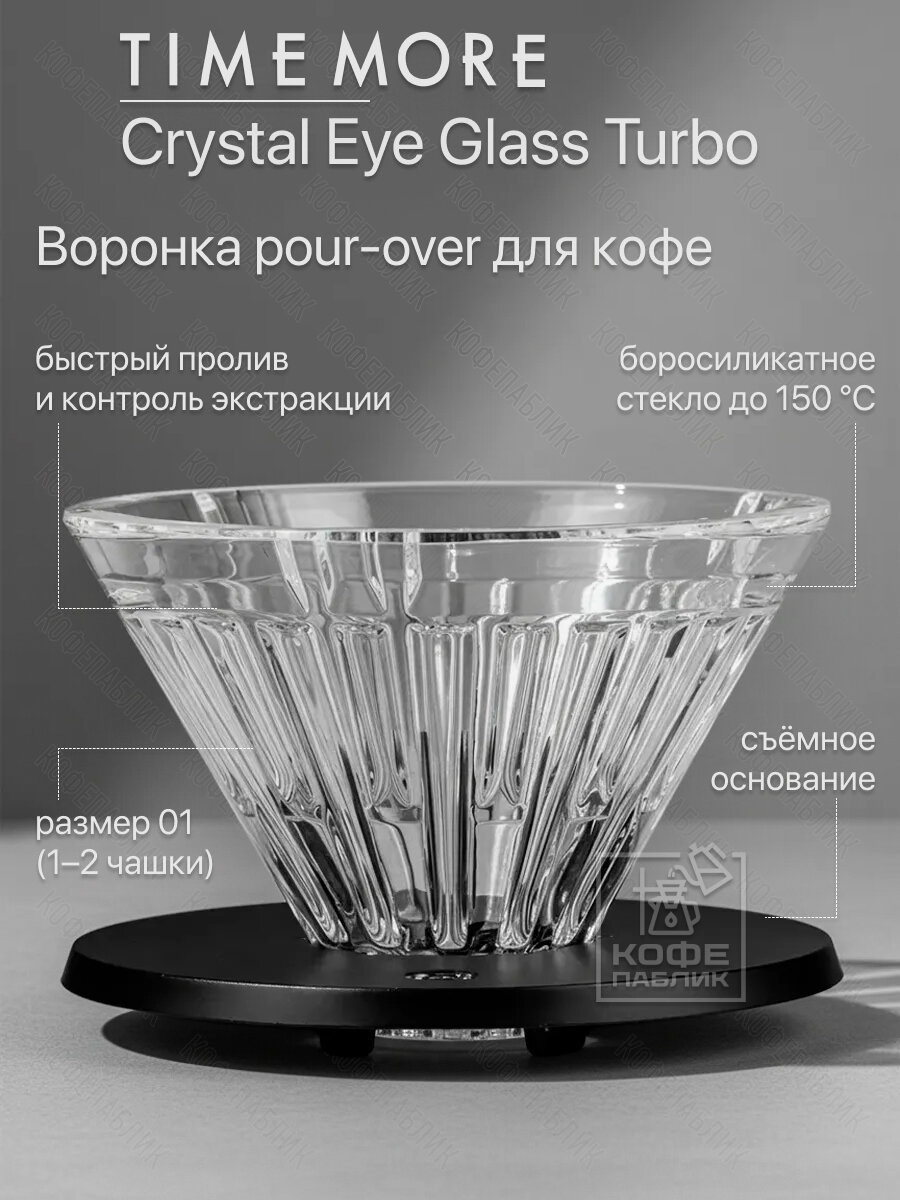 Воронка для кофе Timemore Crystal Eye Glass Turbo 01, стеклянная, pour-over, для фильтр-кофе, чёрная основа
