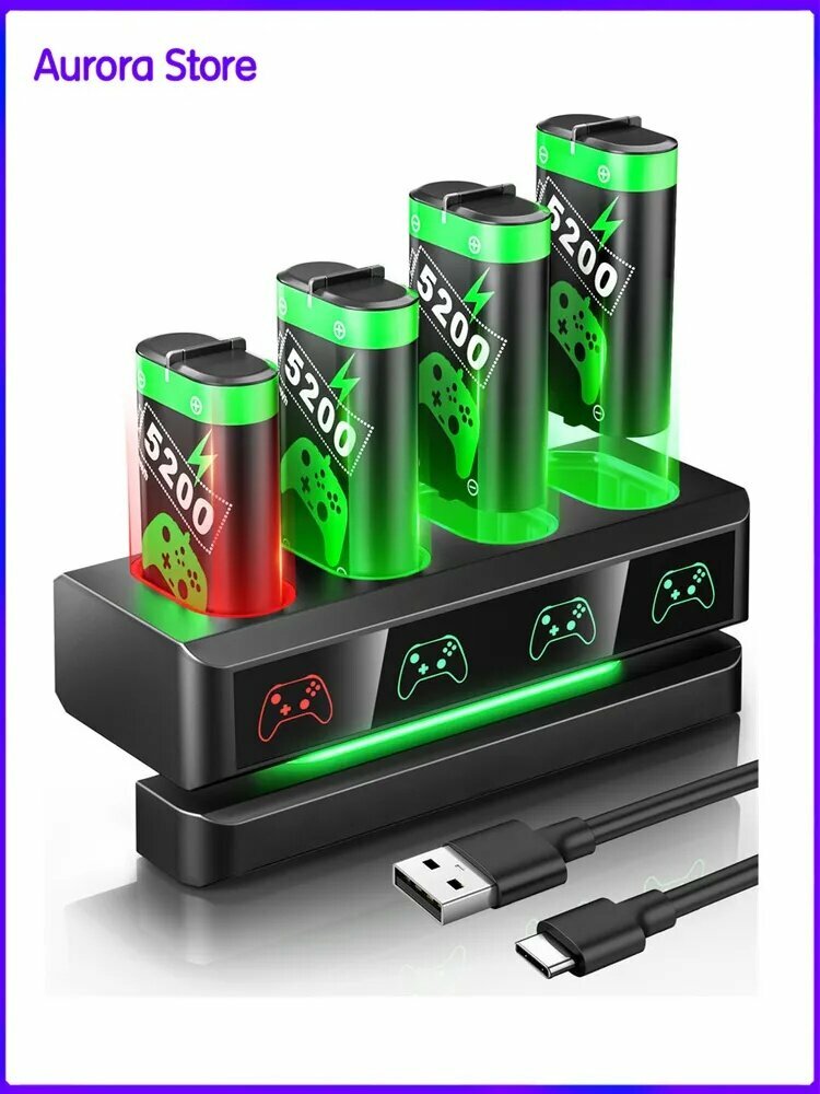 4 аккумулятора + зарядная база для Xbox One/Series X/S , 5200 mWh , Комплект для геймпада , Быстрая зарядка , Чёрные