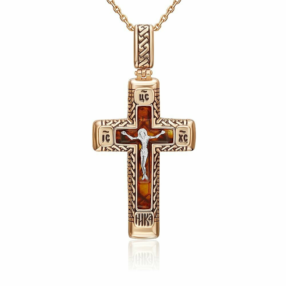 Крестик, комбинированное золото, 585 проба, родирование, янтарь, эмаль