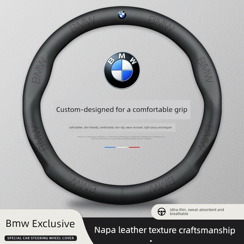 Чехол на рулевое колесо BMW из полного кожаного покрытия с логотипом черный для моделей 3/5/7/1 и X