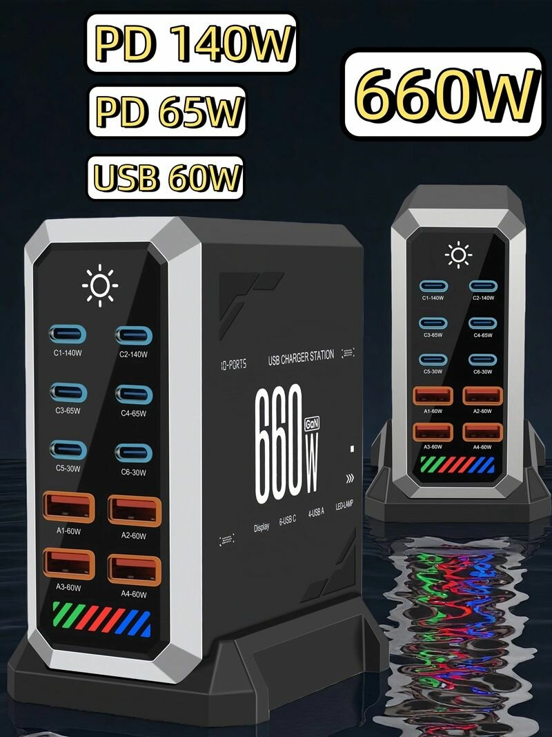 660 Вт 10-Портовое Зарядное Устройство GaN, PD 140 Вт И USB 60 Вт