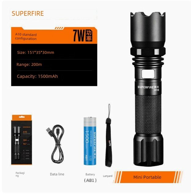 A10 USB перезаряжаемый светодиодный фонарь с батареей 1500 мАч, 1 батареей, зарядным кабелем, водонепроницаемый для
