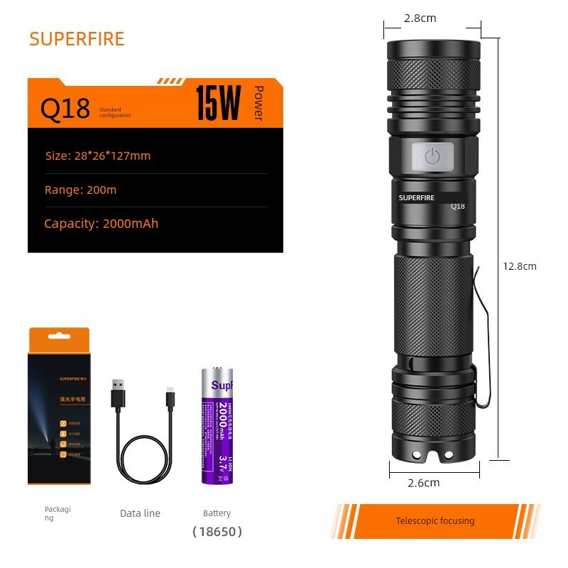 Supfire Q18 Однобатарейный светодиодный фонарик 2000 мАч, компактный мини-фонарь с перезаряжаемым питанием
