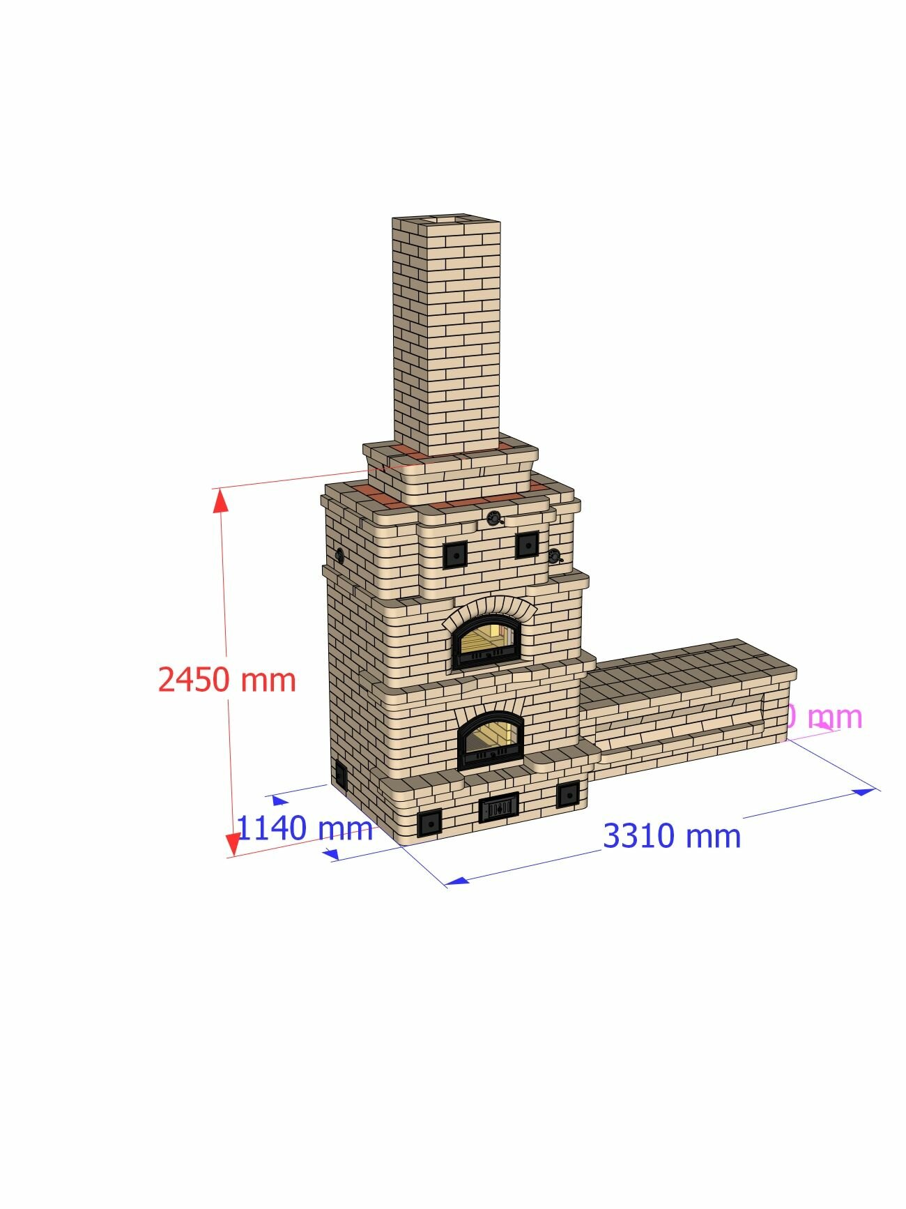 Проект Каминопечь с лежанкой №107. Обогрев 75 кв. м. Лежанка 194см. Духовка 71см