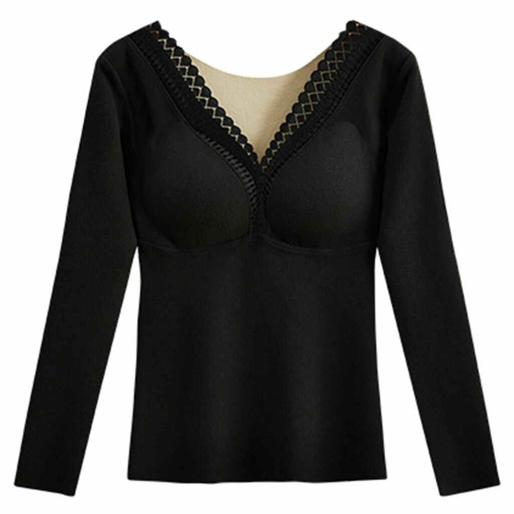 Женское термобелье с V-образным вырезом и длинными рукавами-черный-L