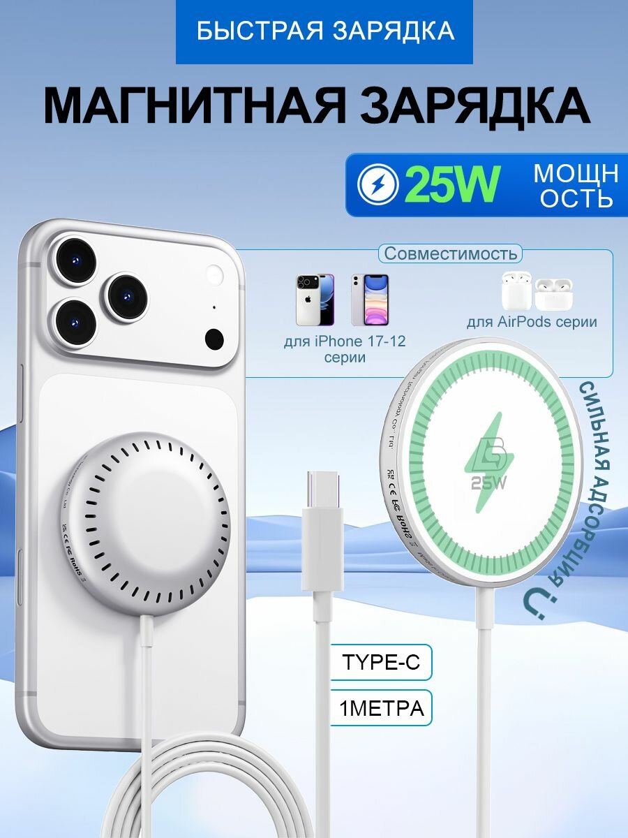 Беспроводное магнитное зарядное устройство Bonola, 25 Вт Быстрая зарядка для iPhone 17 Pro Max/17Pro/17Air/17