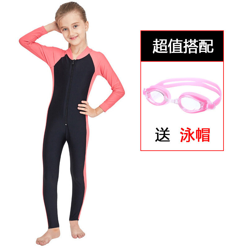 Детский костюм для плавания с защитой от солнца, шапочкой и очками, черно-розовый, сухой, размер XXL для девочек