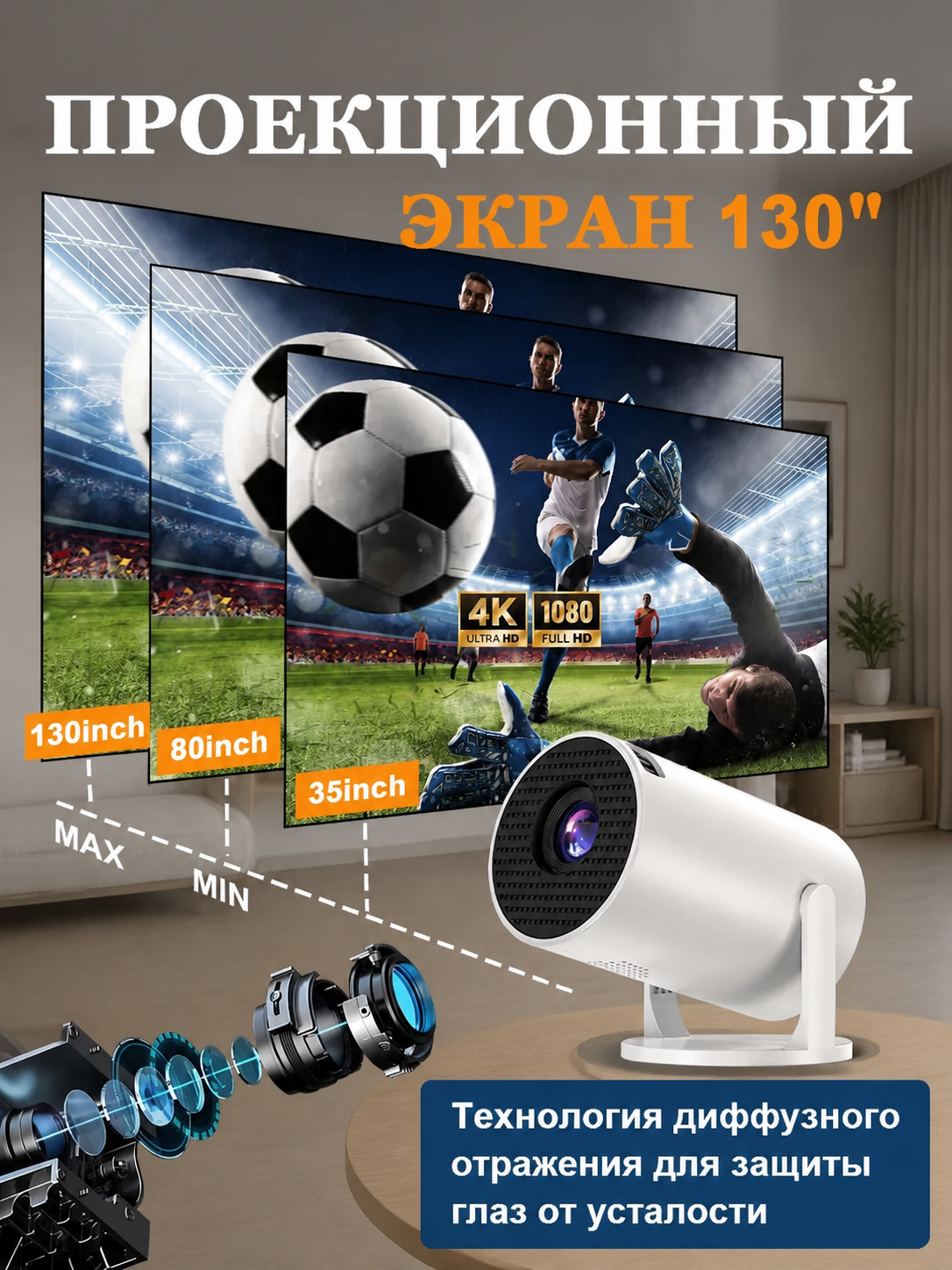 Проектор для фильмов на стену, Wi-Fi, Bluetooth, Android, Full HD 4k, мини проектор, для телефона, видеопроектор — фото 1