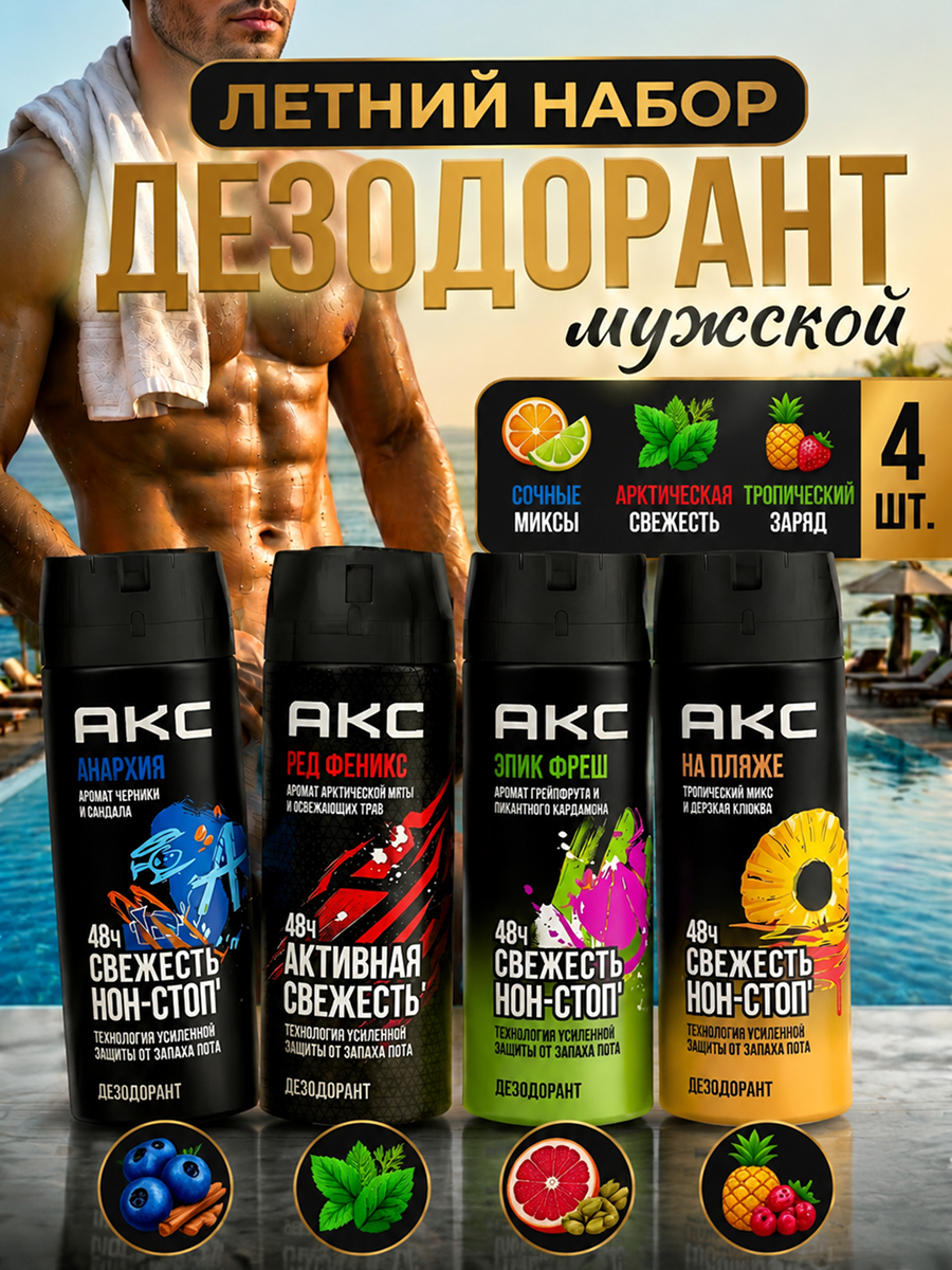 Дезодорант мужской Набор 4 шт новых ароматов Акс: На пляже/Ред феникс/Анархия/Эпик фреш