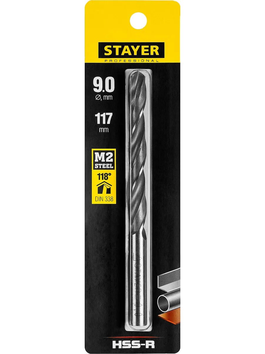 STAYER HSS-R, 9.0 х 125 мм, быстрорежущая сталь P6M5, с