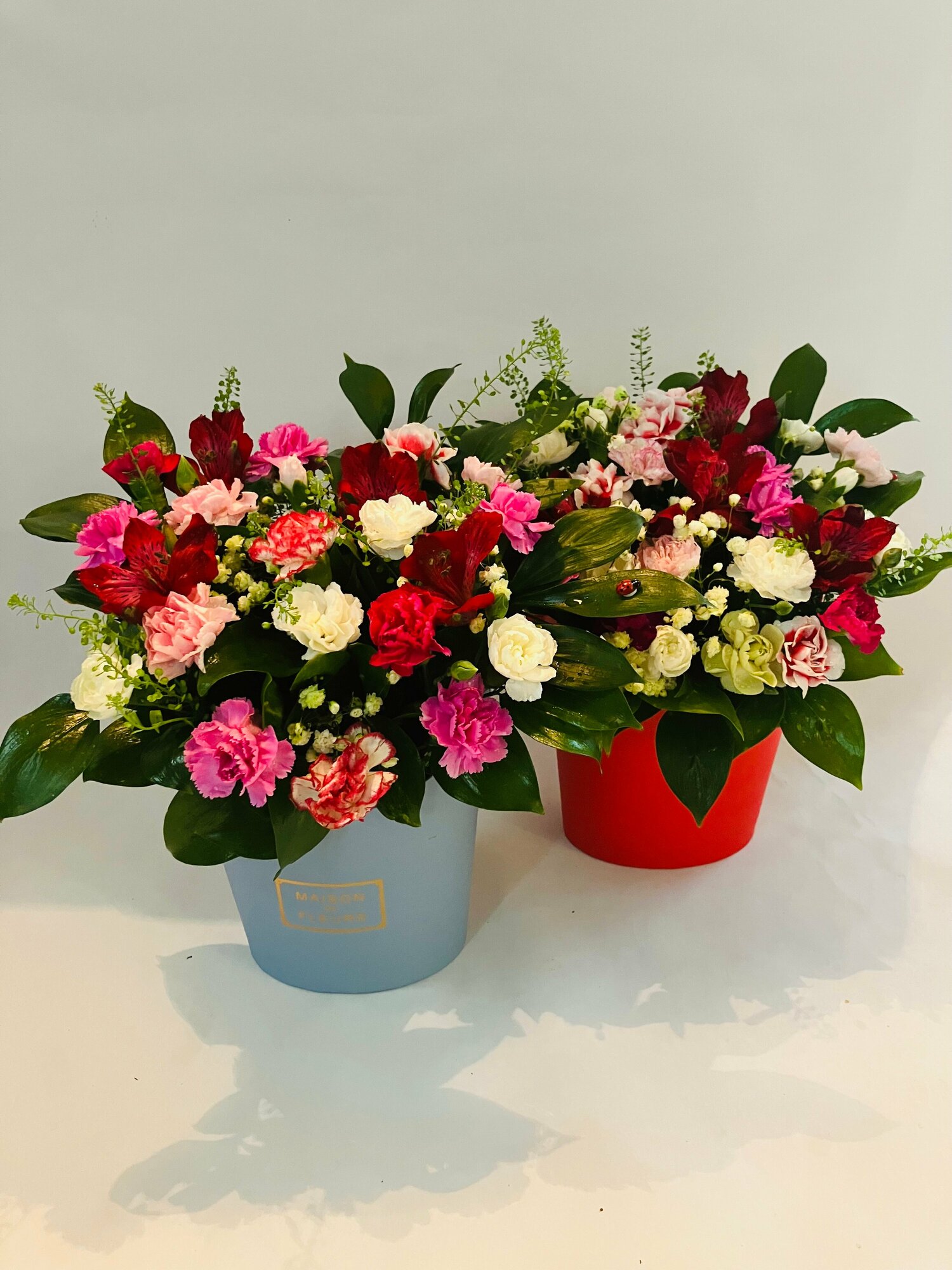 2 букета-композиции из кустовых гвоздик в красной и серо-голубой коробках Мейсон