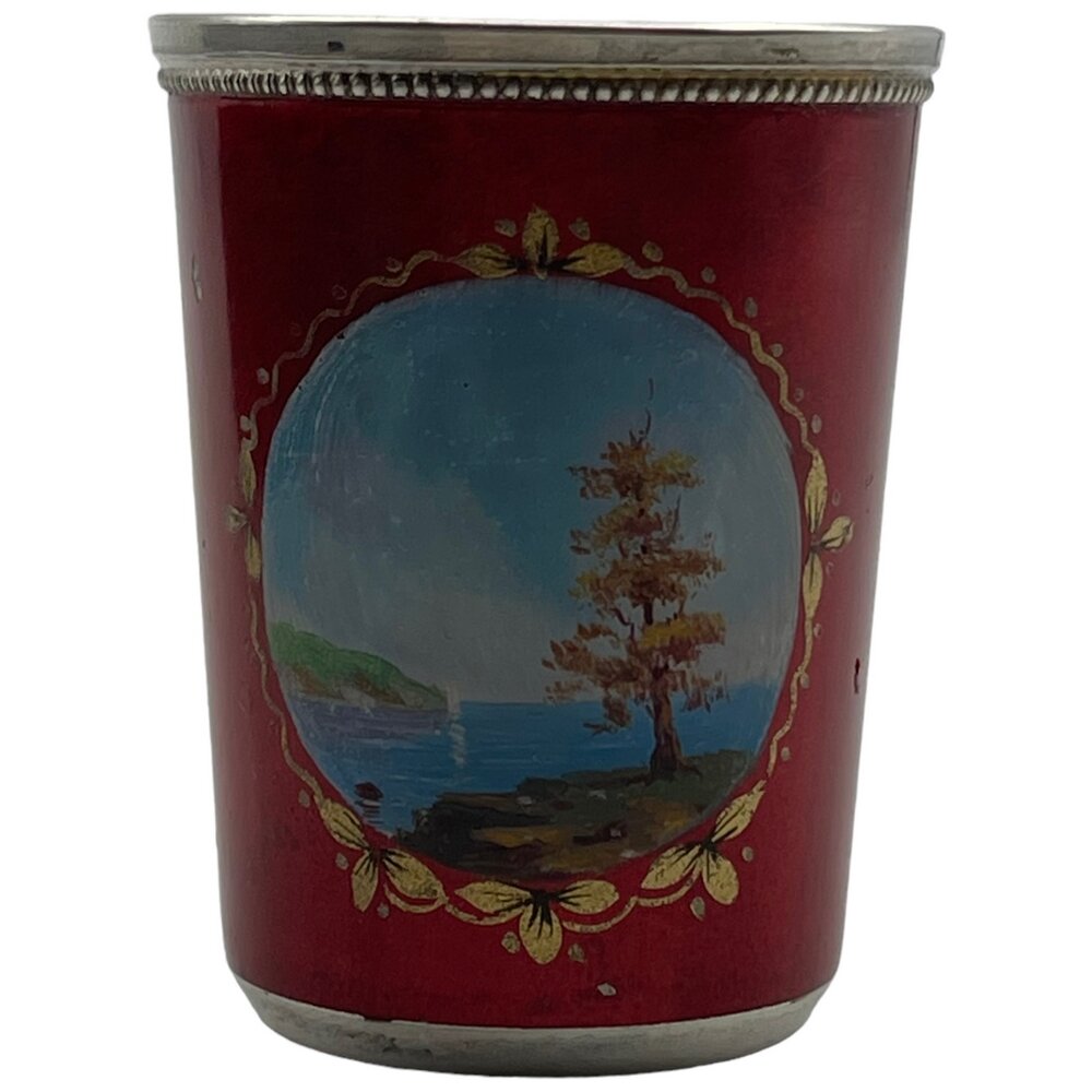 Серебряная стопка "Пейзаж", 0.875, лаковая миниатюра, позолота, 1950-1952 гг, ЮТФ, г. Таллин, СССР