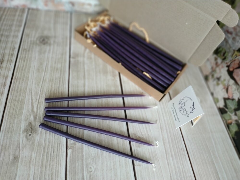 Набор свечей TERRA CANDELА "Фиолетовые восковые тонкие" 60+ минут, 20 штук