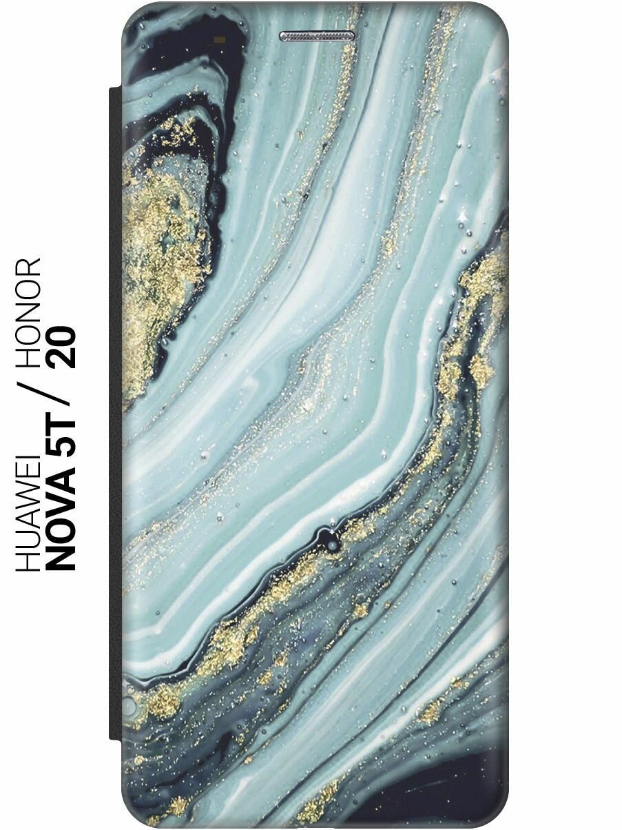 Чехол-книжка на Honor 20, Huawei Nova 5T, Хонор 20, Хуавей Нова 5Т с 3D принтом "Зеленый мрамор" черный