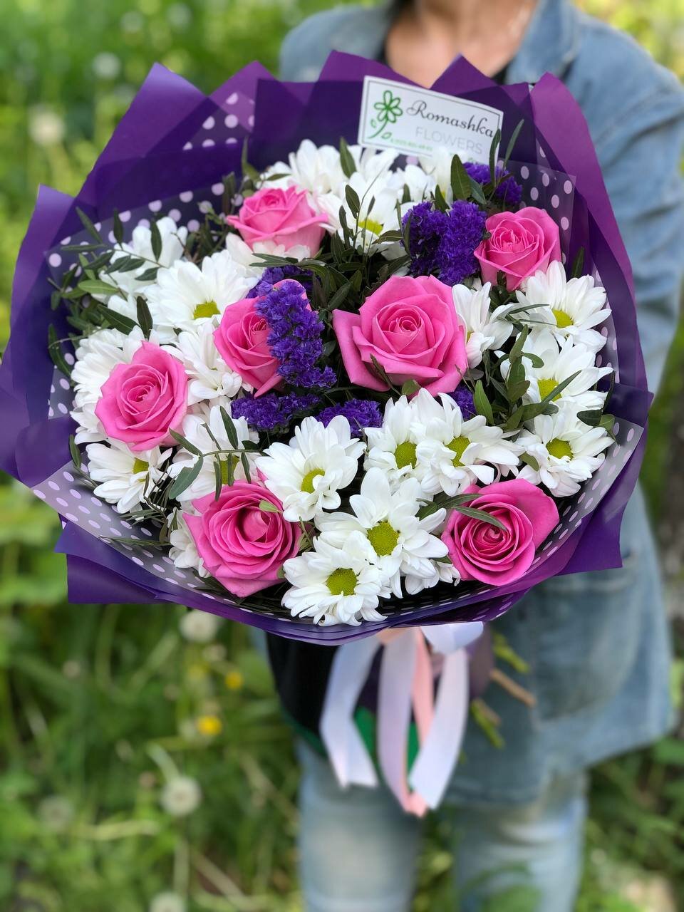 Букет из розовых роз и хризантем «Карнавал» - L (до 40 см)