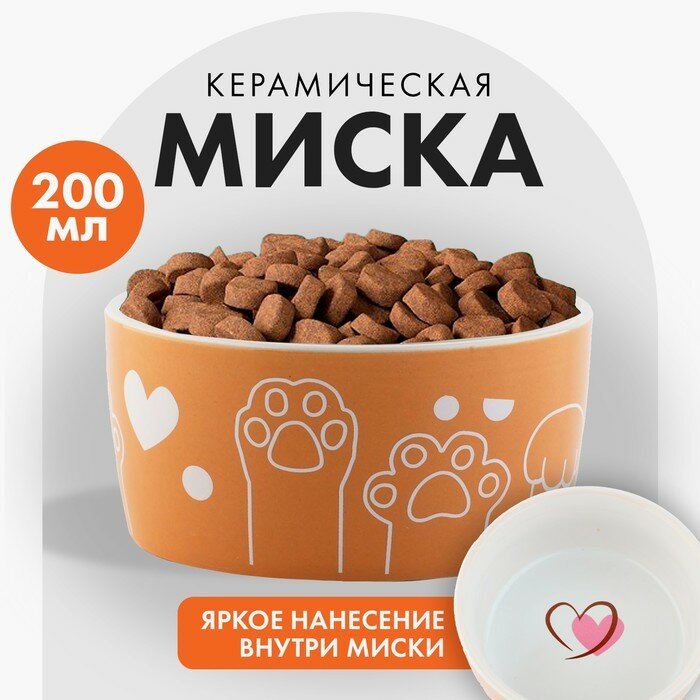 Миска керамическая «Лапки», 200 мл, для кошек и собак, 9824112